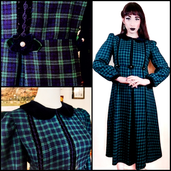 Vintage | Dresses | Vintage 9s Goth Peter Pan Collar Blue Green Tartan ...